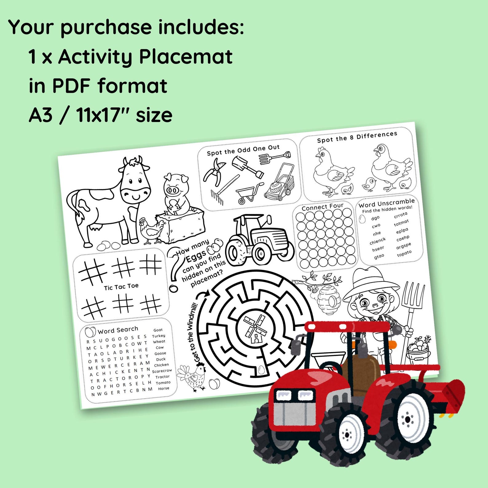 FARM Printable Activity Placemat, Activities for Kids, Word Find, Mazes ...