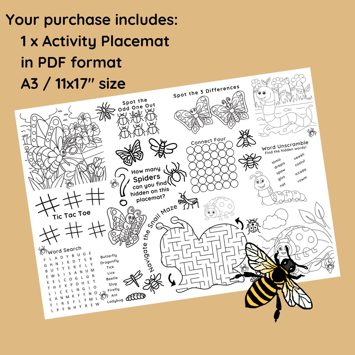 INSECT Printable Activity Placemat, Activities for Kids, Word Find ...