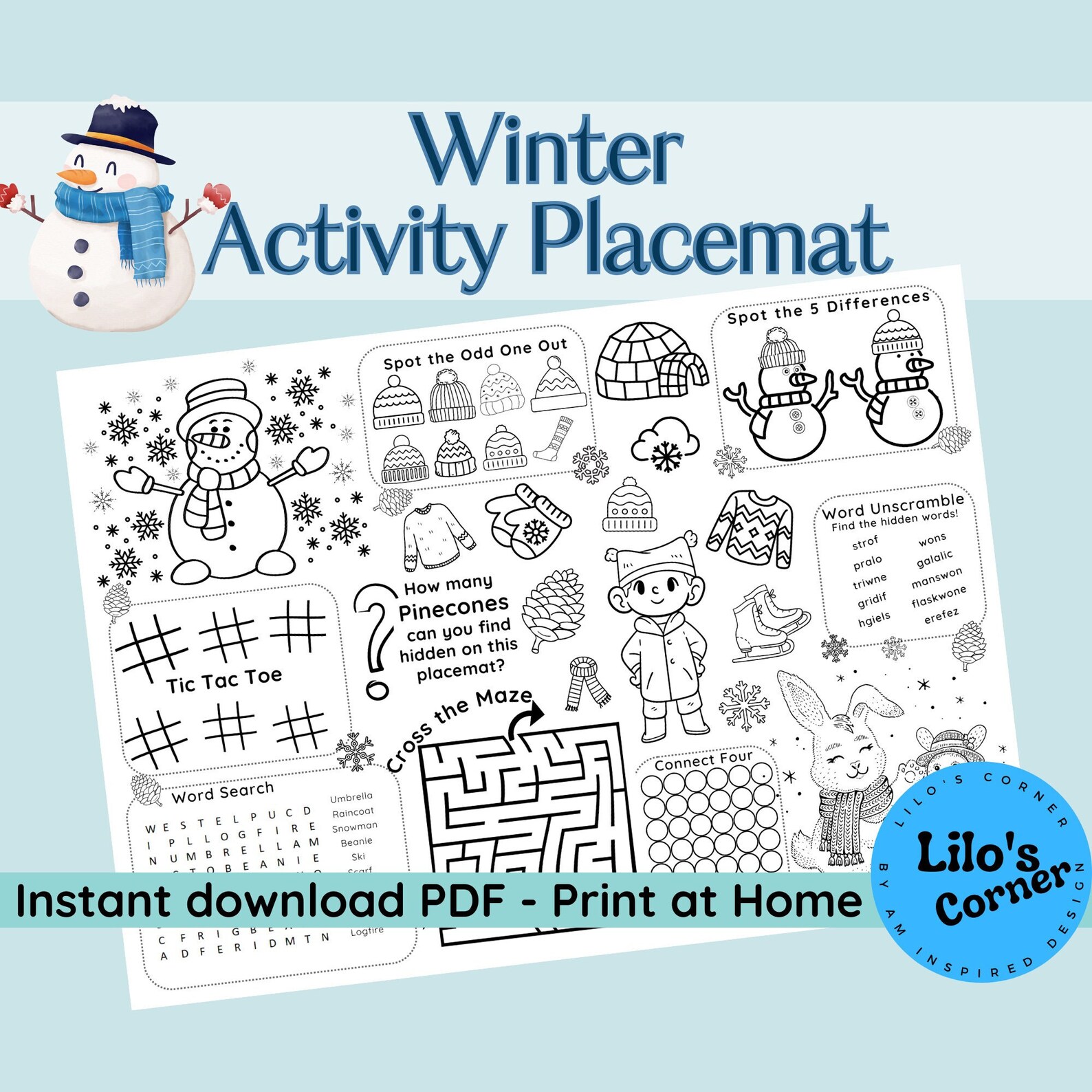 WINTER Printable Activity Placemat, Activities for Kids, Word Find ...