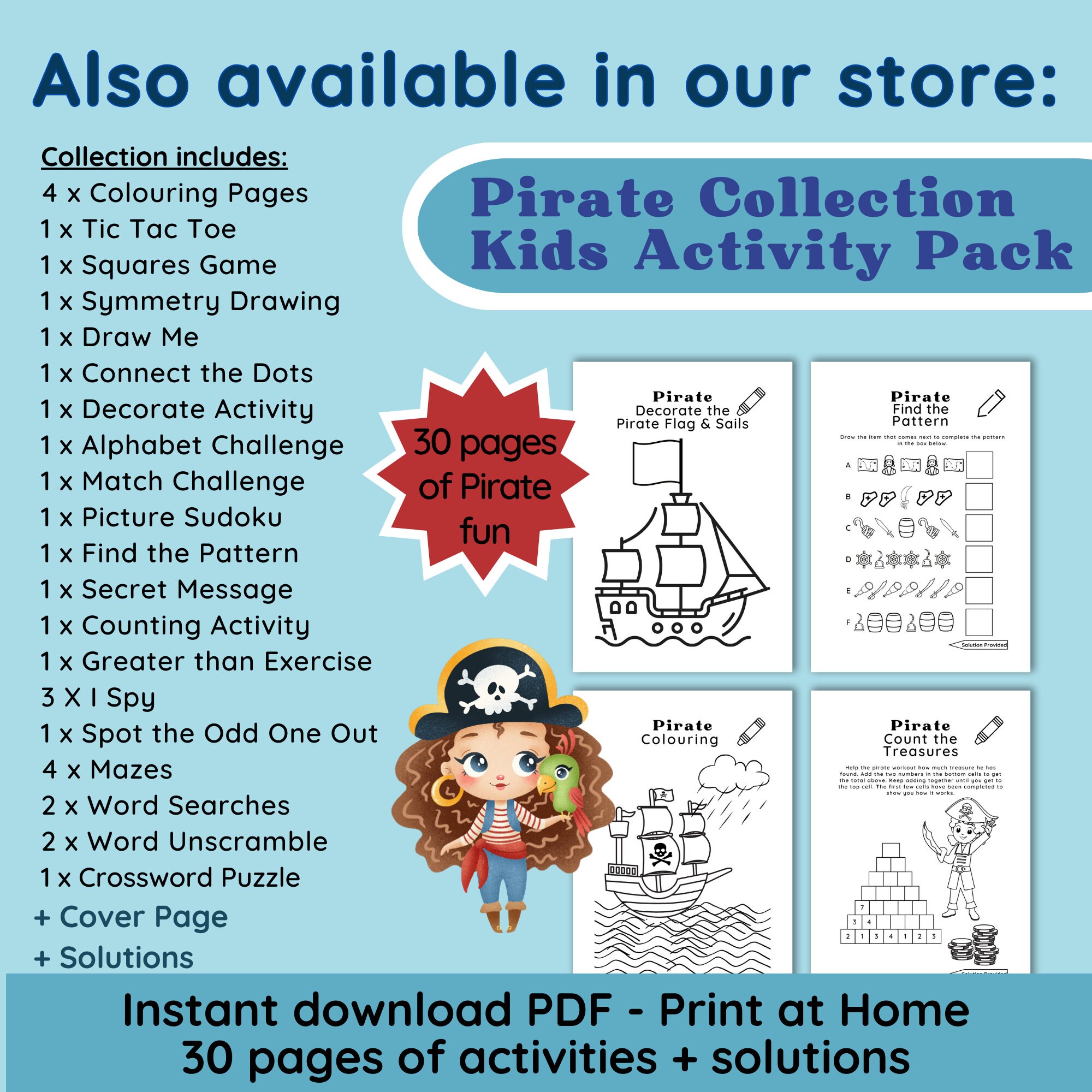 PIRATE Printable Activity Placemat, Activities for Kids, Word Find ...