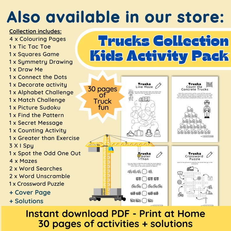 TRUCKS Printable Activity Placemat, Activities for Kids, Word Find ...