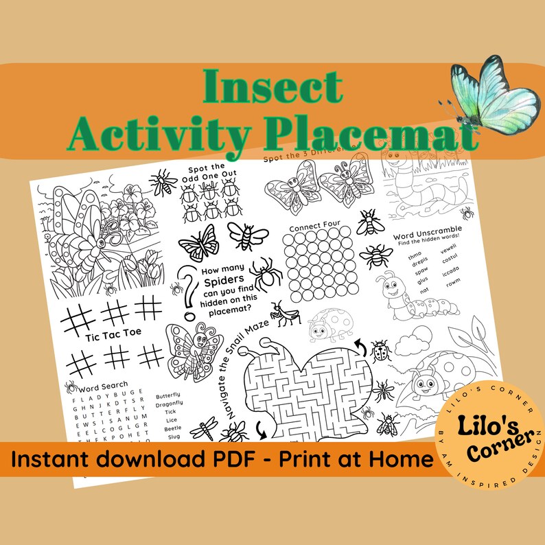 INSECT Printable Activity Placemat, Activities for Kids, Word Find ...