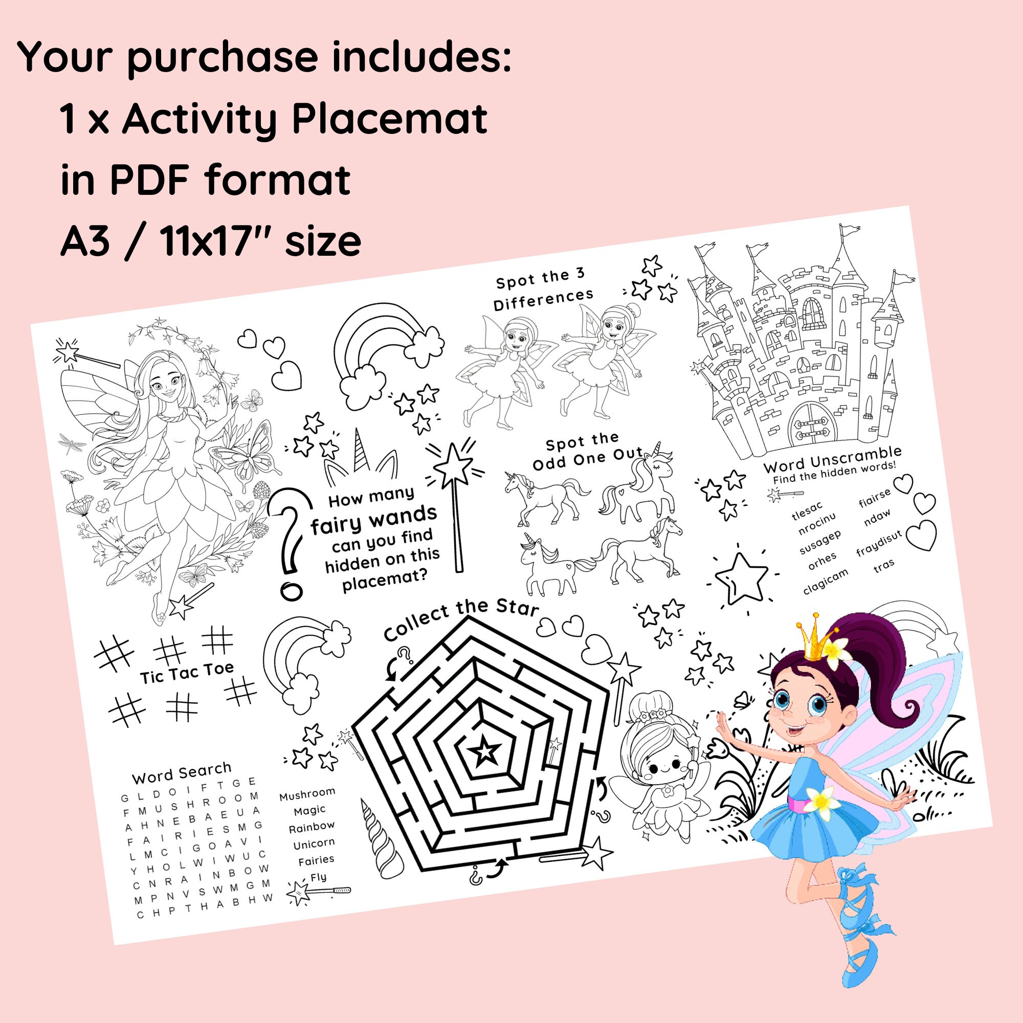 FAIRY Printable Activity Placemat, Activities for Kids, Word Find ...