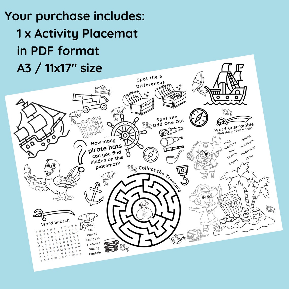 PIRATE Printable Activity Placemat, Activities for Kids, Word Find ...