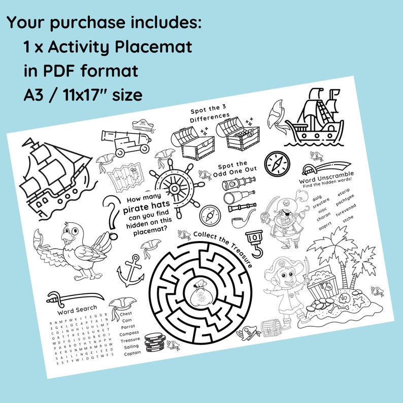 PIRATE Printable Activity Placemat, Activities for Kids, Word Find ...