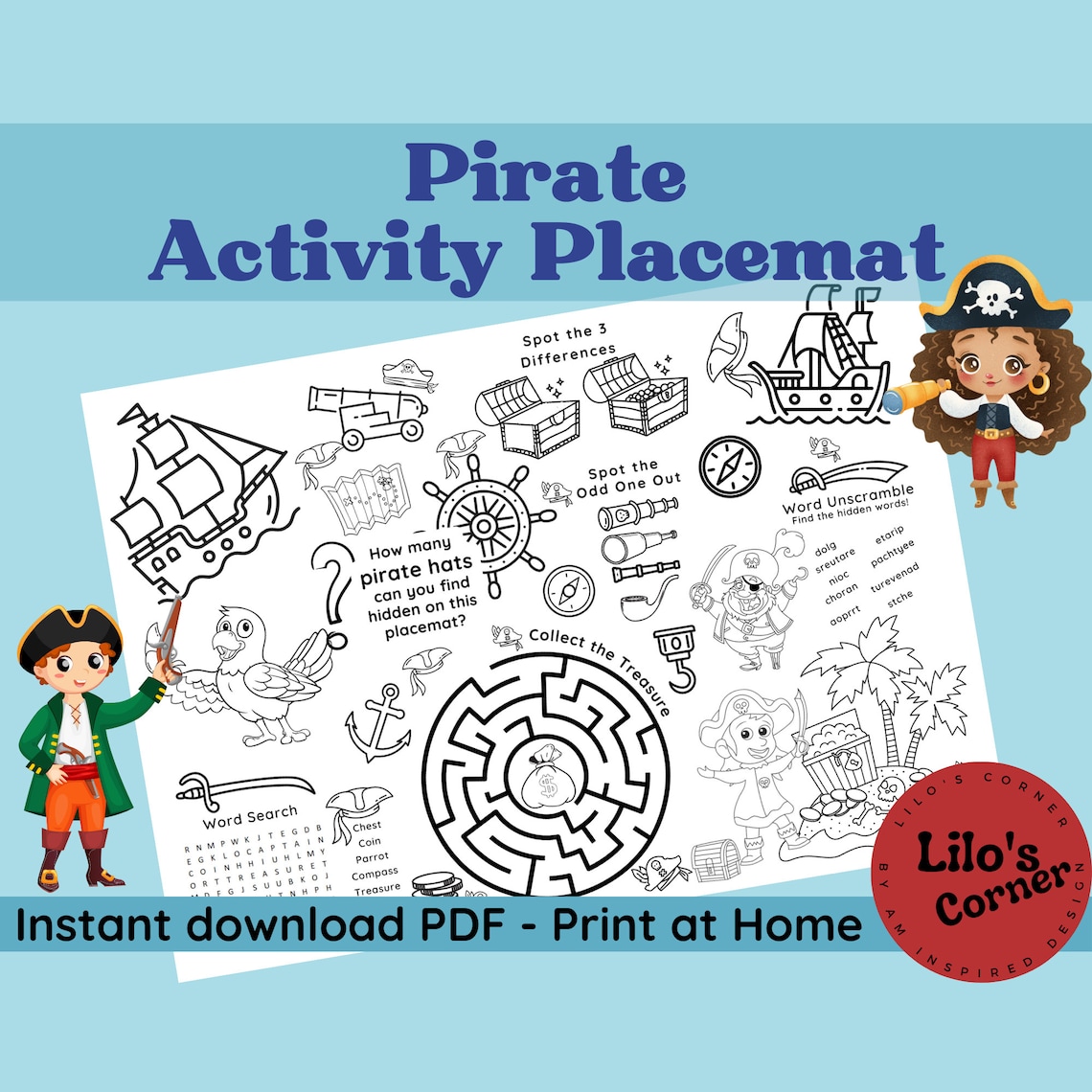 PIRATE Printable Activity Placemat, Activities for Kids, Word Find ...