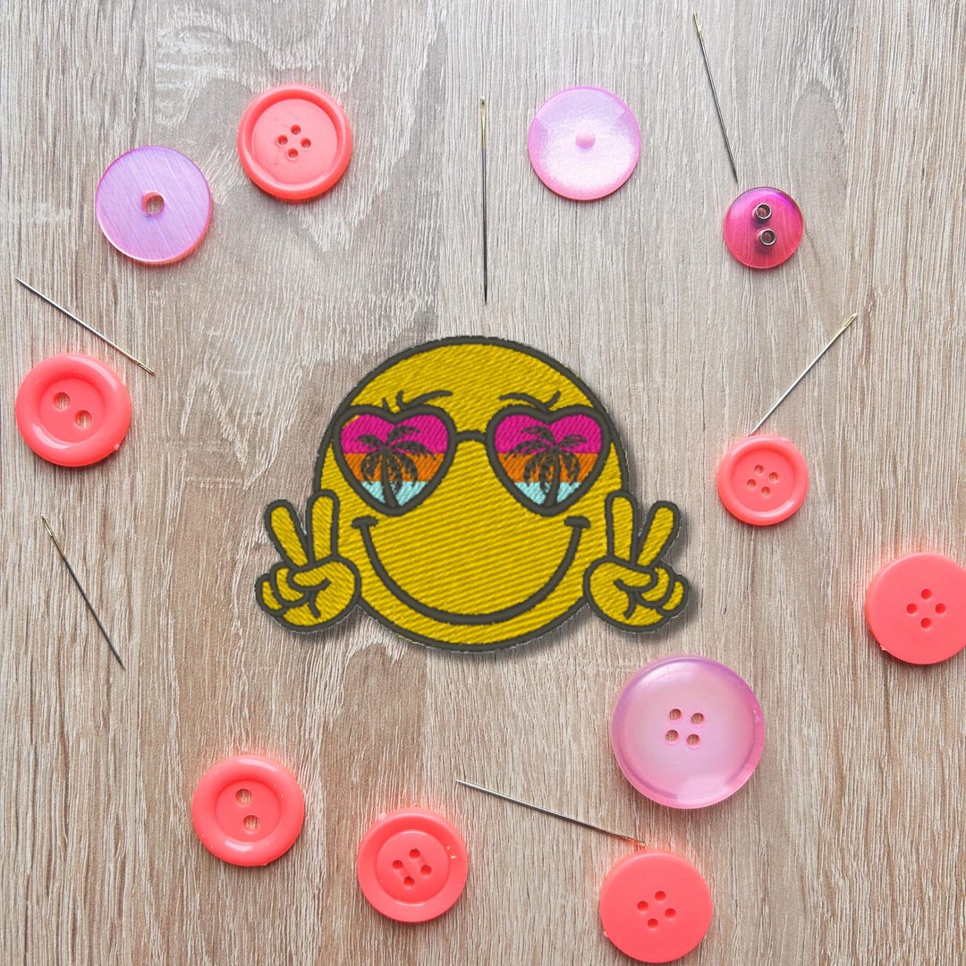 Retro Patch | Embroidered Peace Smiley | 70s Sunglasses, Palm Trees ...