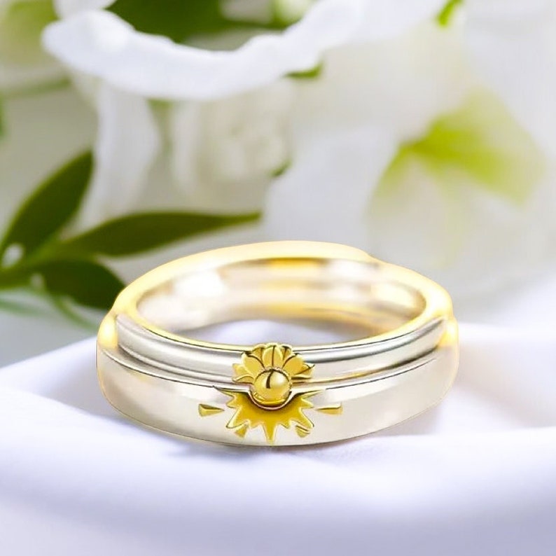 Sunflower Ring Sterling Silver, Sunflower Couple Ring, Adjustable ...