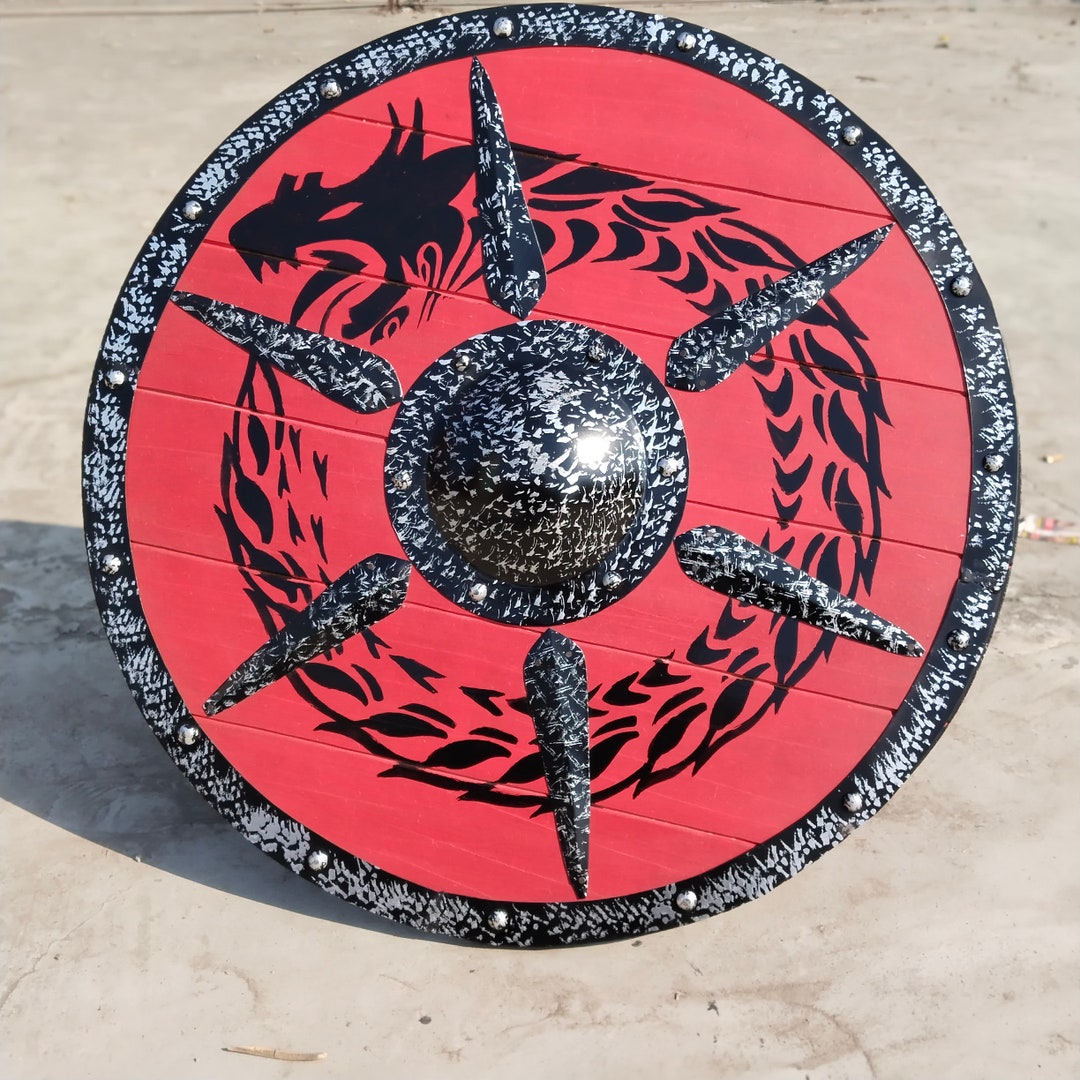 Antique Round Viking Shield Dragon Design Red Black Norse Knight ...
