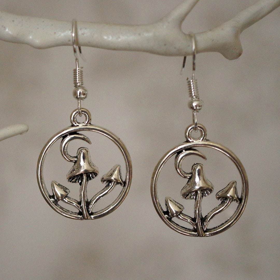 Round Toadstool Earrings, Funky Cool Antique Silver Toadstool Mushroom and Moon Drop Earrings ...