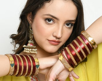 Wedding Bridal Chuda Red Chura Designer Chura & Golden Stone - Etsy