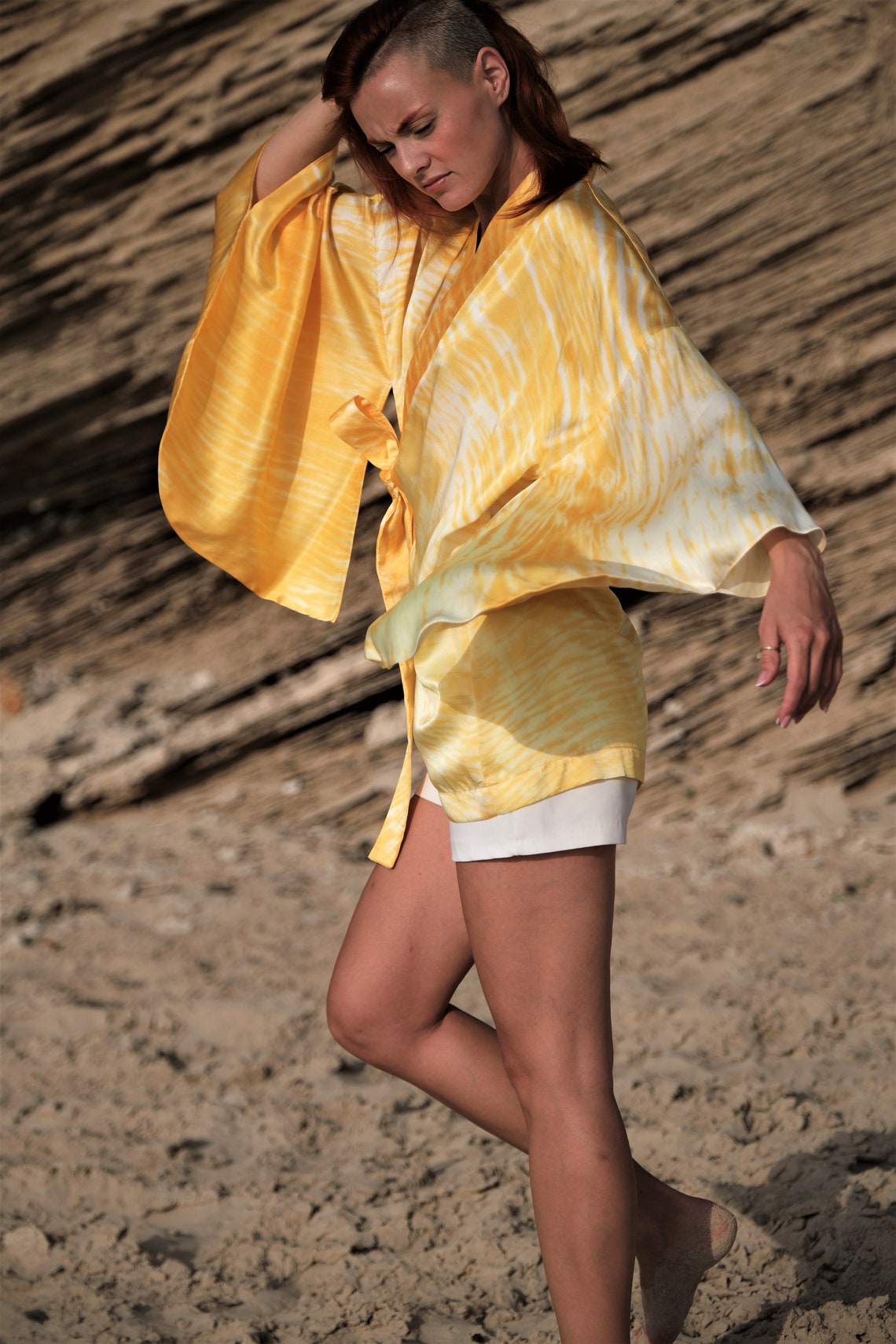 Yellow Silk Kimono Hand Tie Dye Haori Jacket Beach Boho Robe Wedding ...