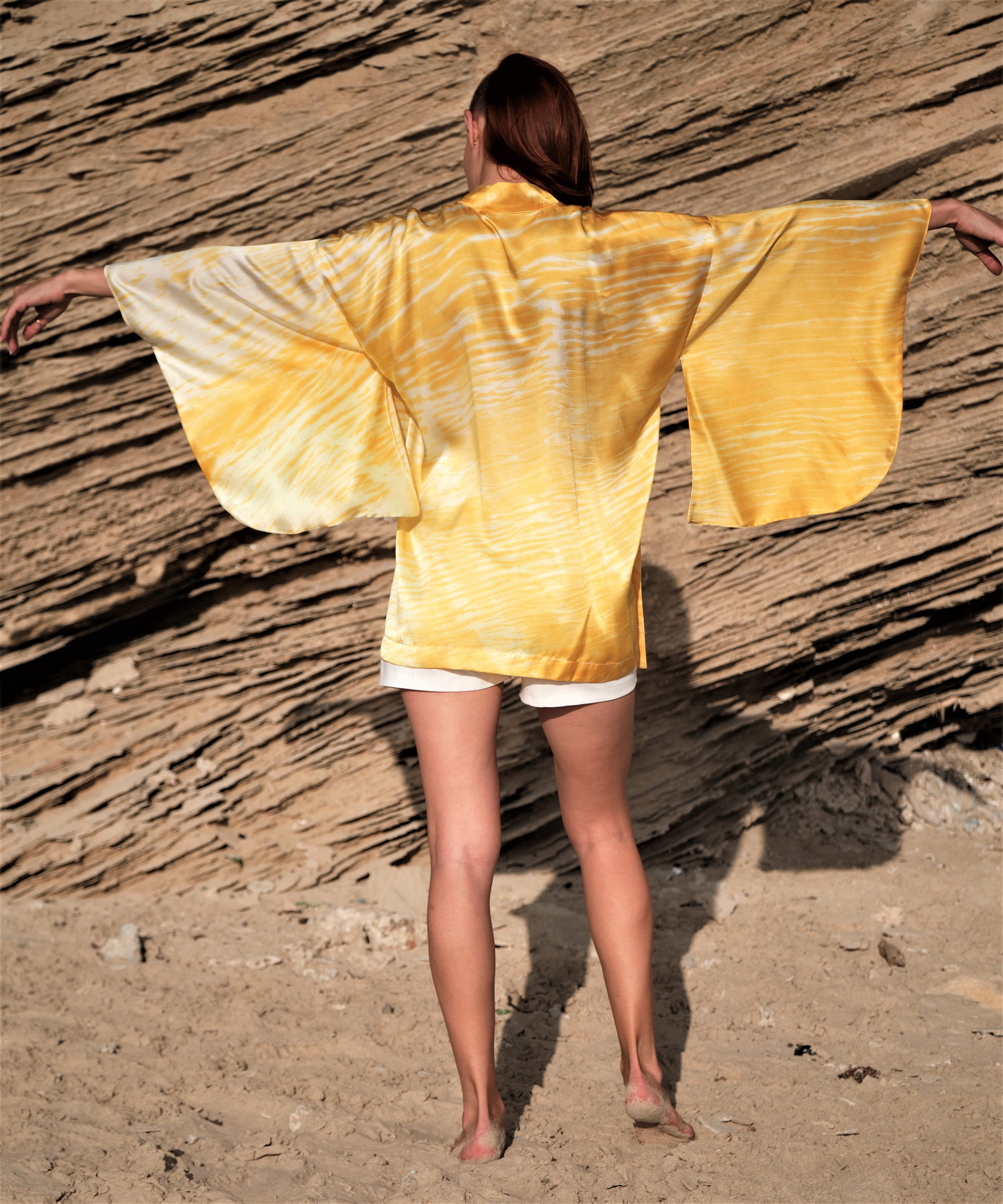 Yellow Silk Kimono Hand Tie Dye Haori Jacket Beach Boho Robe Wedding ...