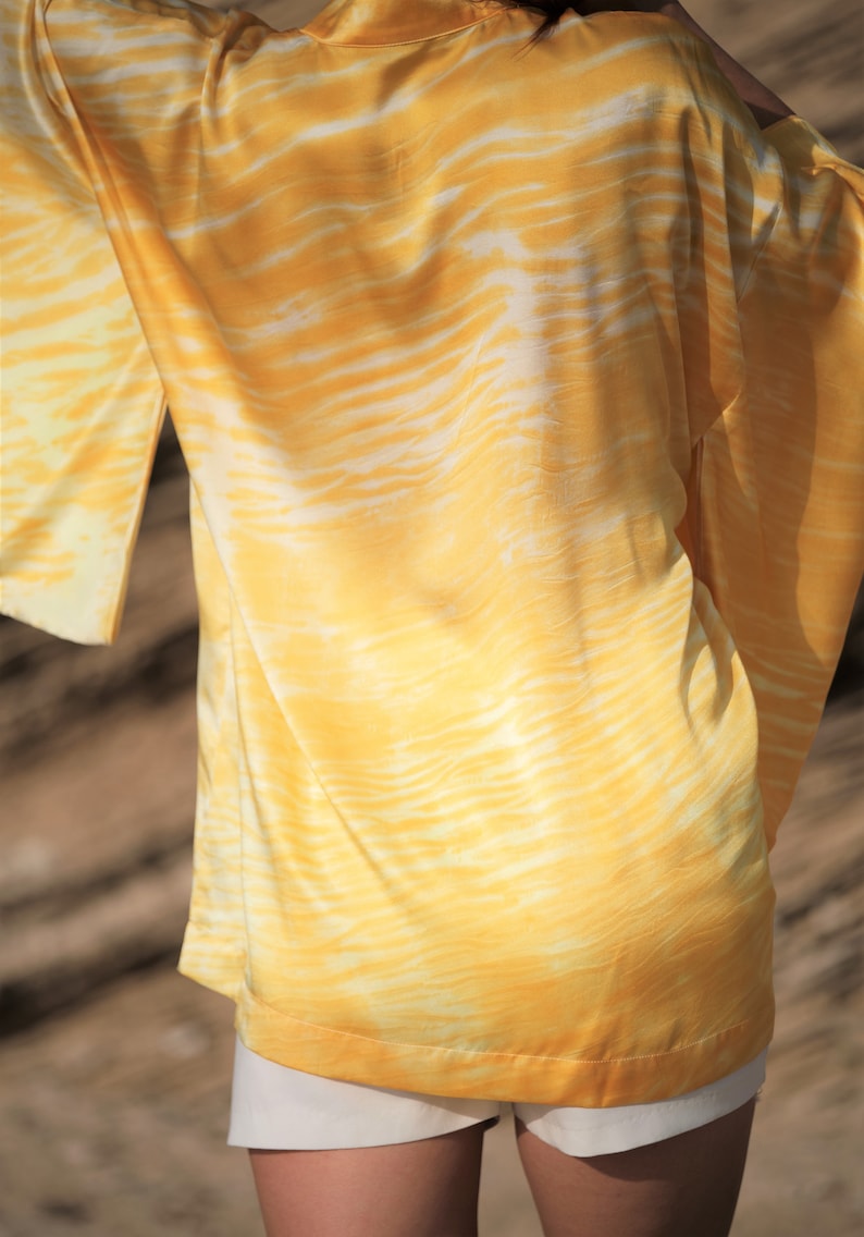 Yellow Silk Kimono Hand Tie Dye Haori Jacket Beach Boho Robe Wedding ...