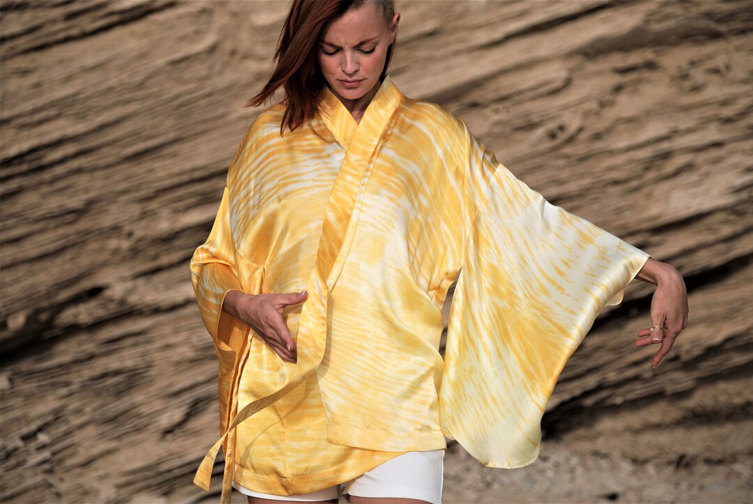 Yellow Silk Kimono Hand Tie Dye Haori Jacket Beach Boho Robe Wedding ...