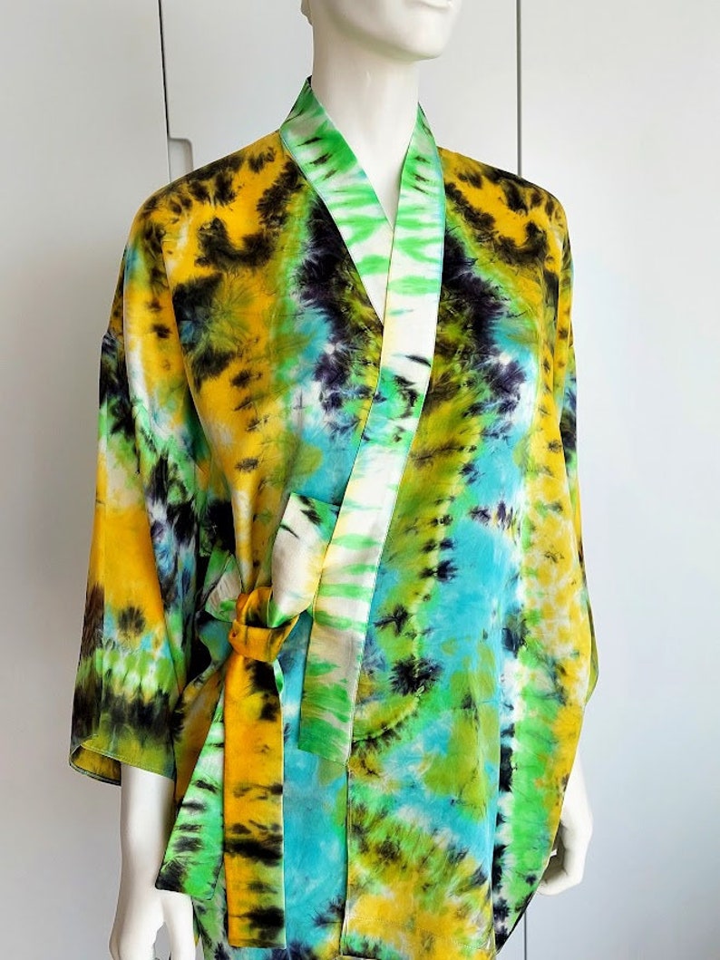 Silk Kimono Hand Tie Dyed Summer Haori Robe Cool Color for Men and ...