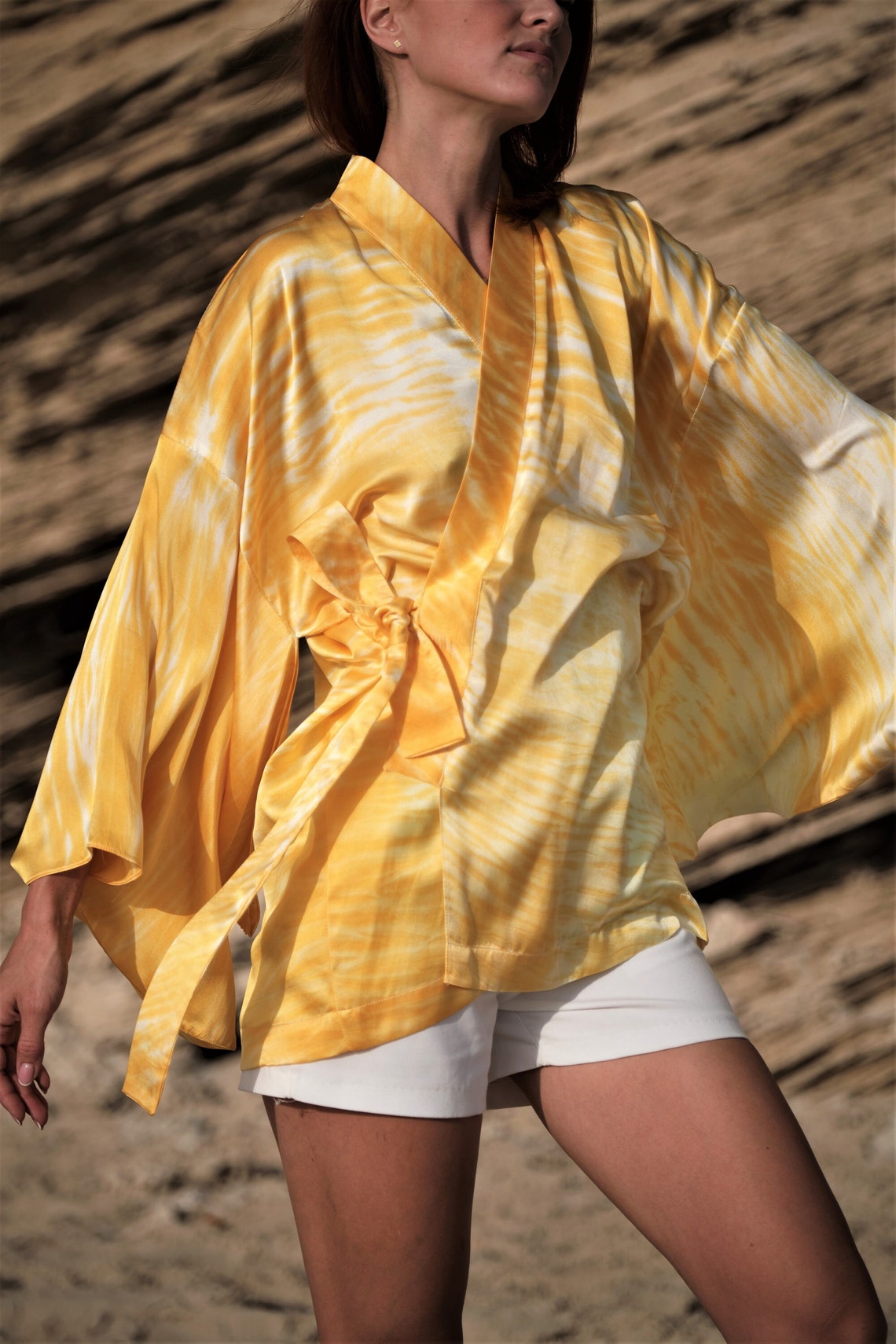 Yellow Silk Kimono Hand Tie Dye Haori Jacket Beach Boho Robe Wedding ...