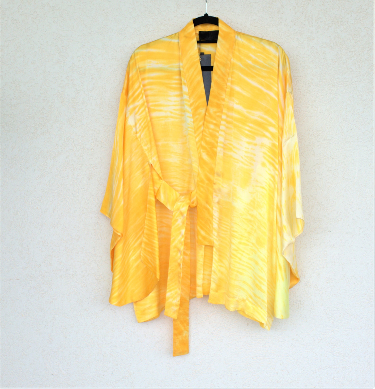 Yellow Silk Kimono Hand Tie Dye Haori Jacket Beach Boho Robe Wedding ...