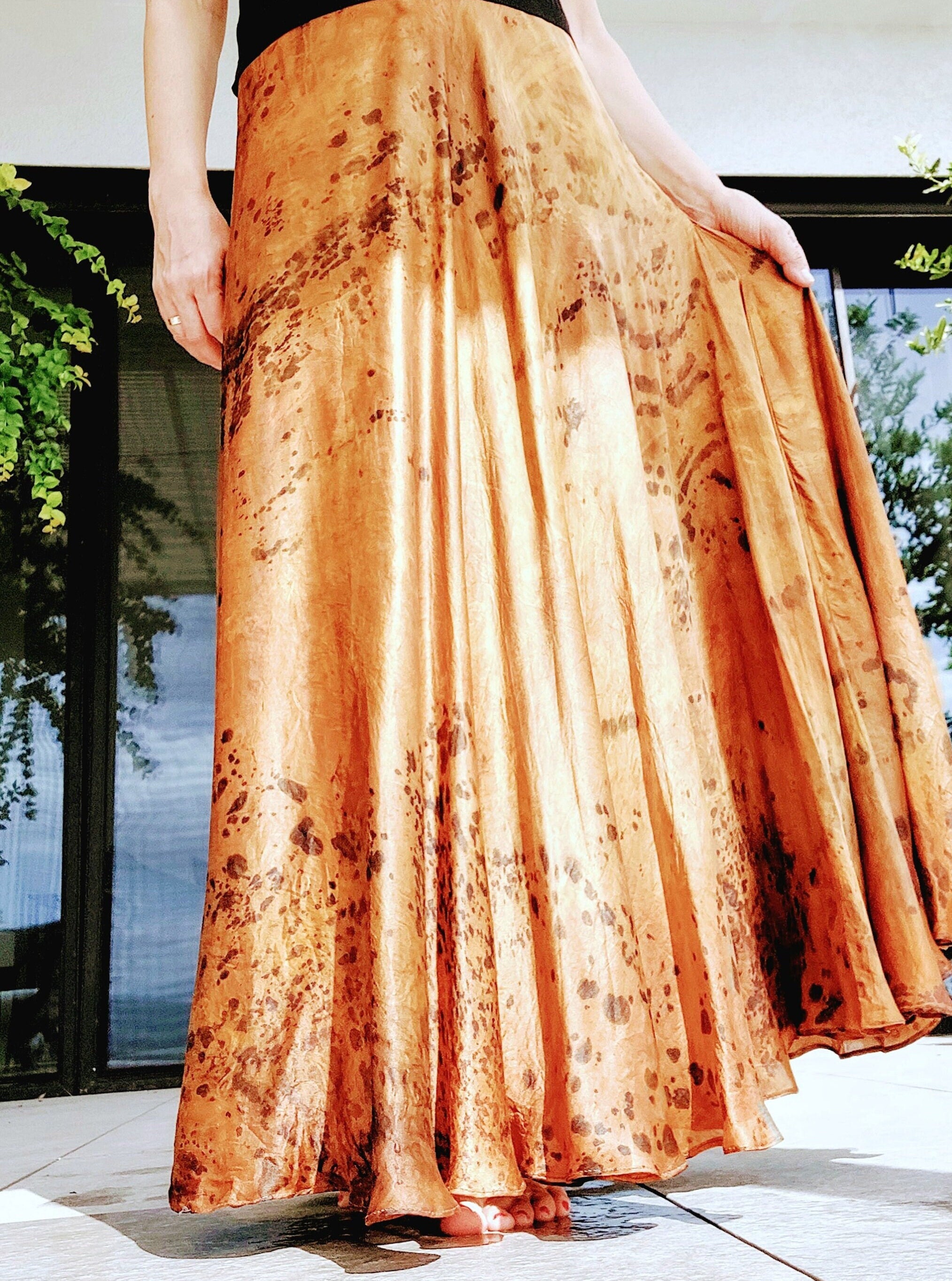 Satin Maxi A-style Silk Skirt Exclusive Eco Print Eucalyptus Gold Color ...