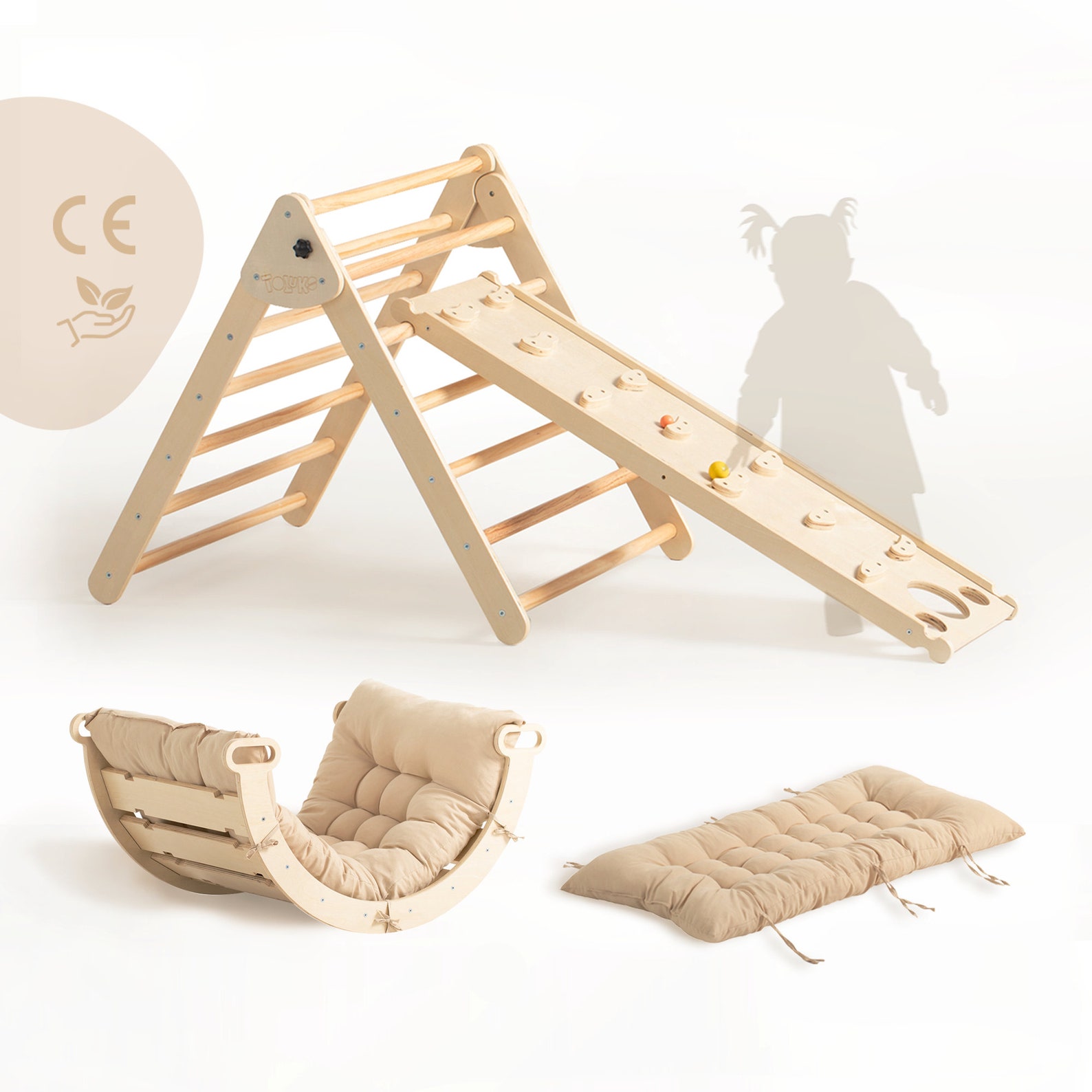 TOLUKO Montessori Pikler Triangle Set for Kids 1-3-wooden Climbing Gym ...