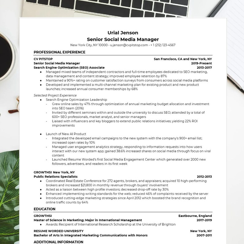 Professional CV Template, ATS Compliant, Modern and Simplistic ...