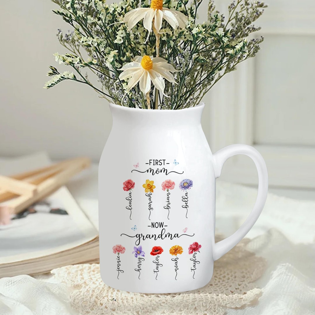 Personalized First Mom Now Grandma Vase, Custom Birth Month Flower ...