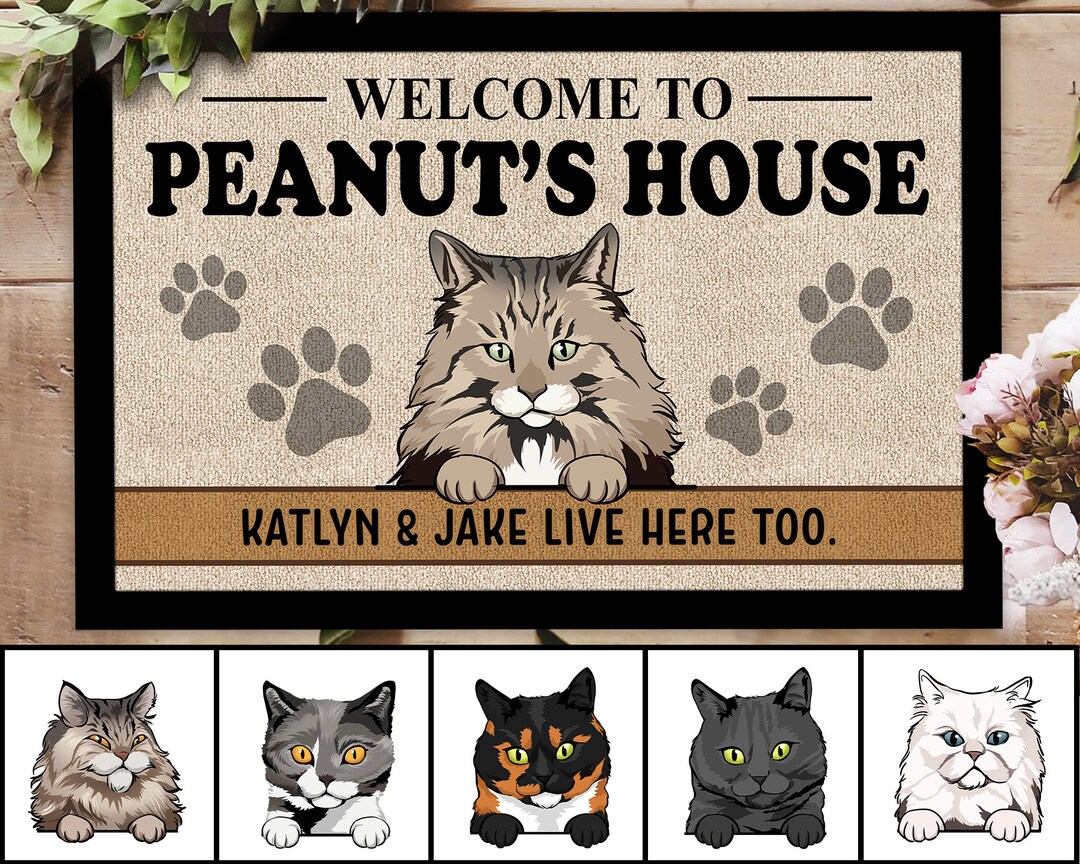 Personalized Cat Doormat With Owner's Names, Custom Cat Welcome Mat ...
