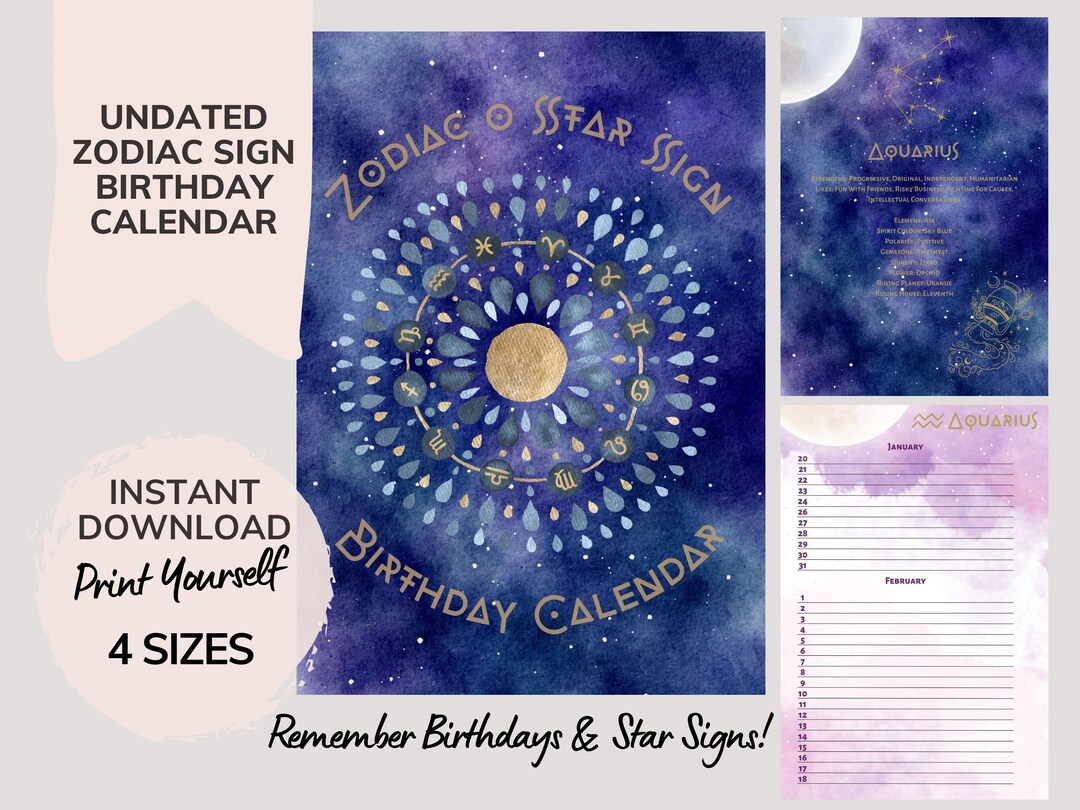 Zodiac Sign Printable Perpetual Birthday Calendar Watercolour - Etsy
