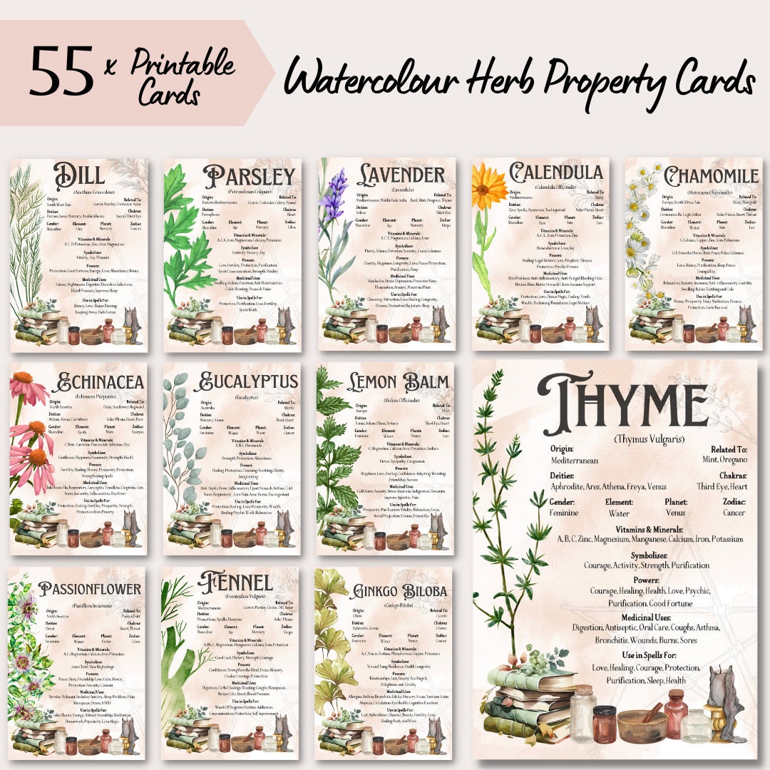 Printable Watercolour Herb Cards, Vintage Witch Style, Pentagram Jars ...