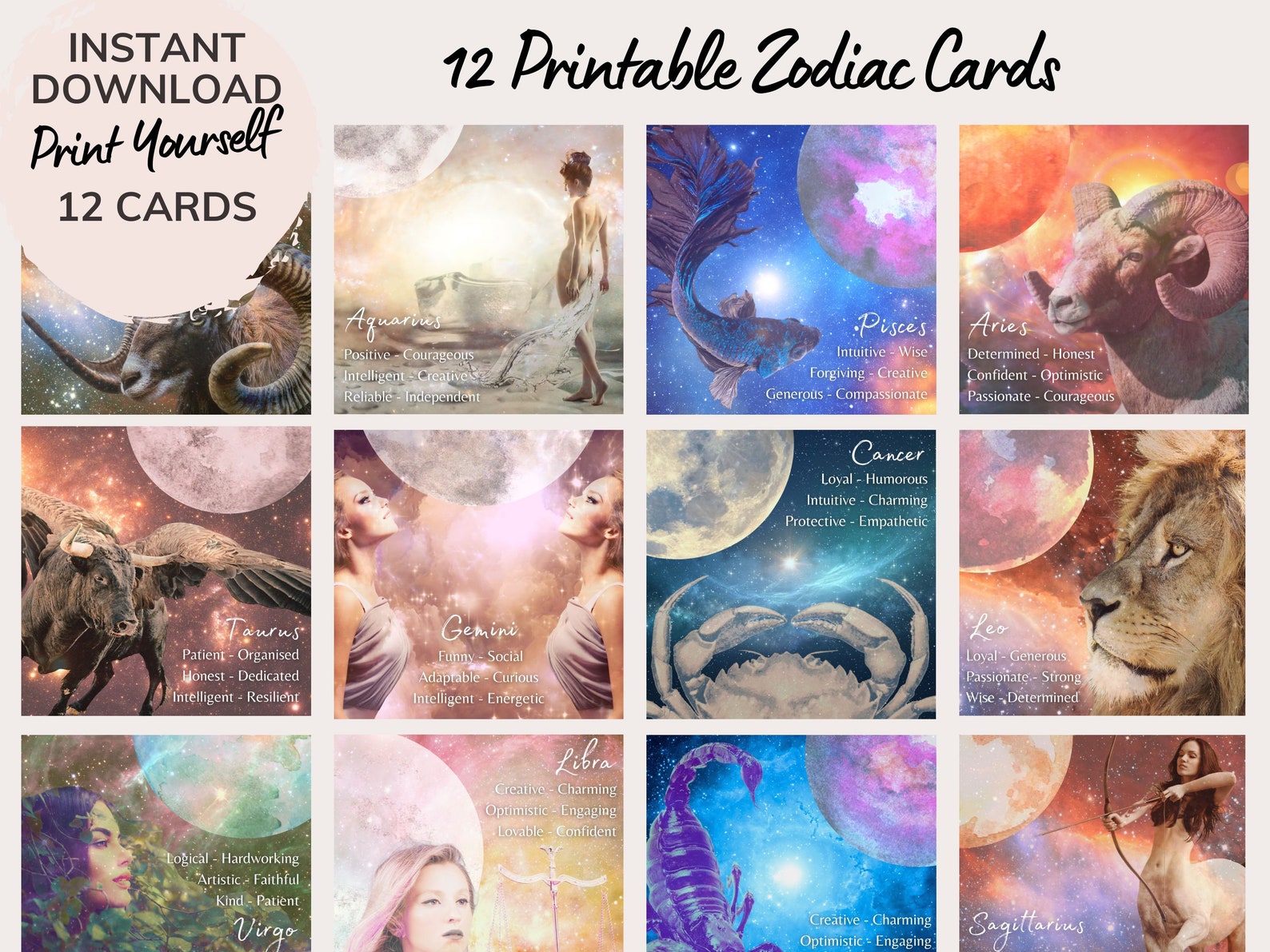Set of 12 Printable Zodiac Cards Astrology Packaging Inserts - Etsy