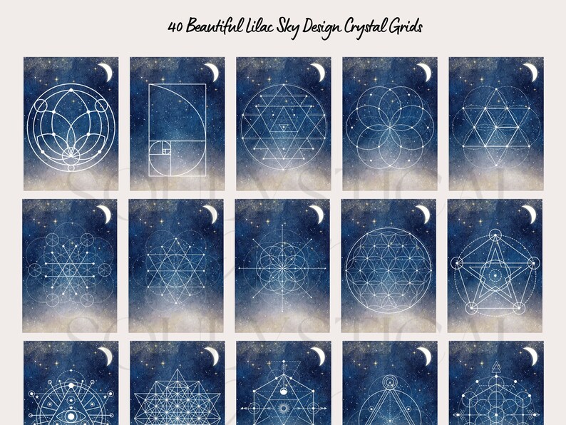 40 Printable Crystal Grids, Watercolour Night Sky Design With Moon ...