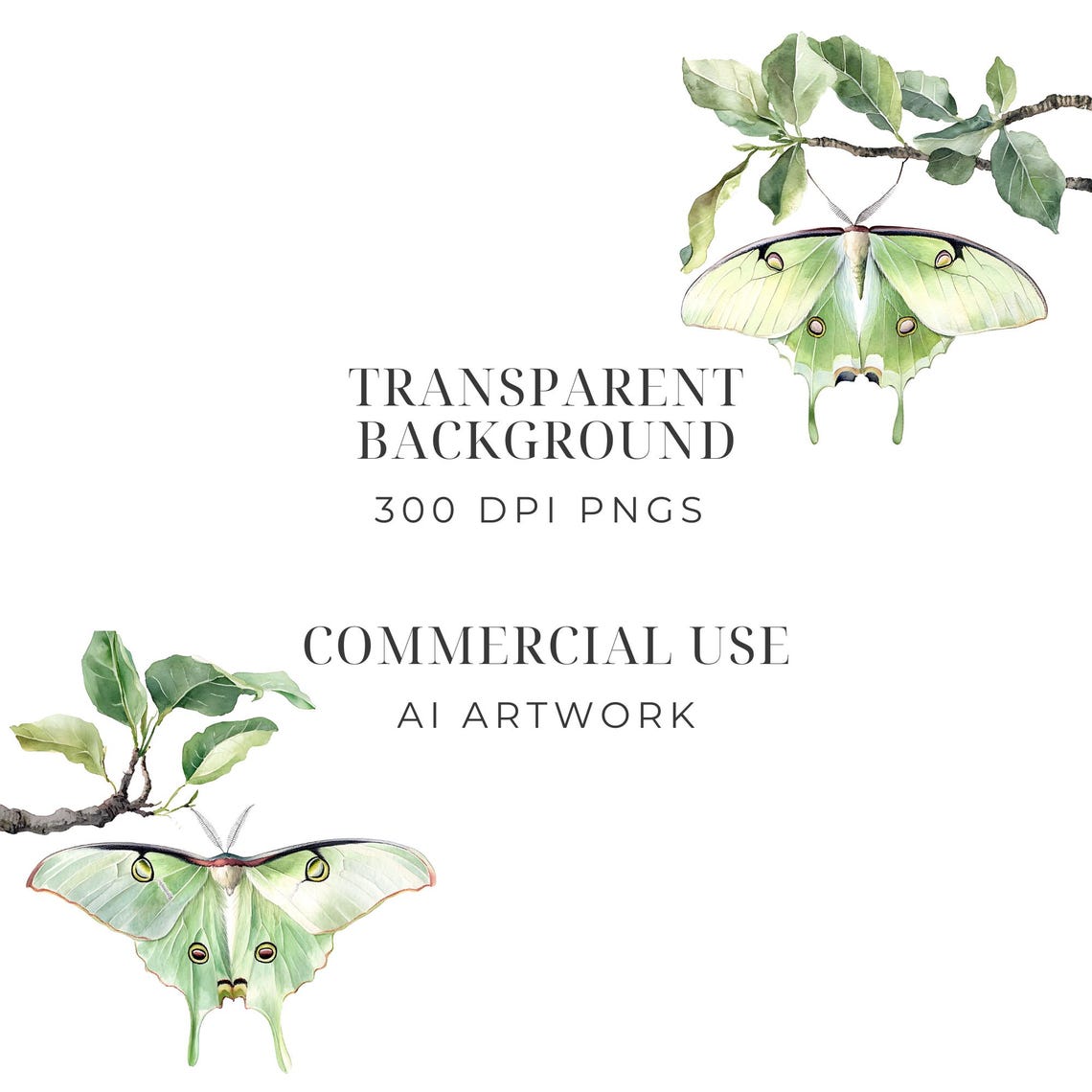 Luna Moth Watercolor Clipart, Moon and Forest Scenes Digital ...