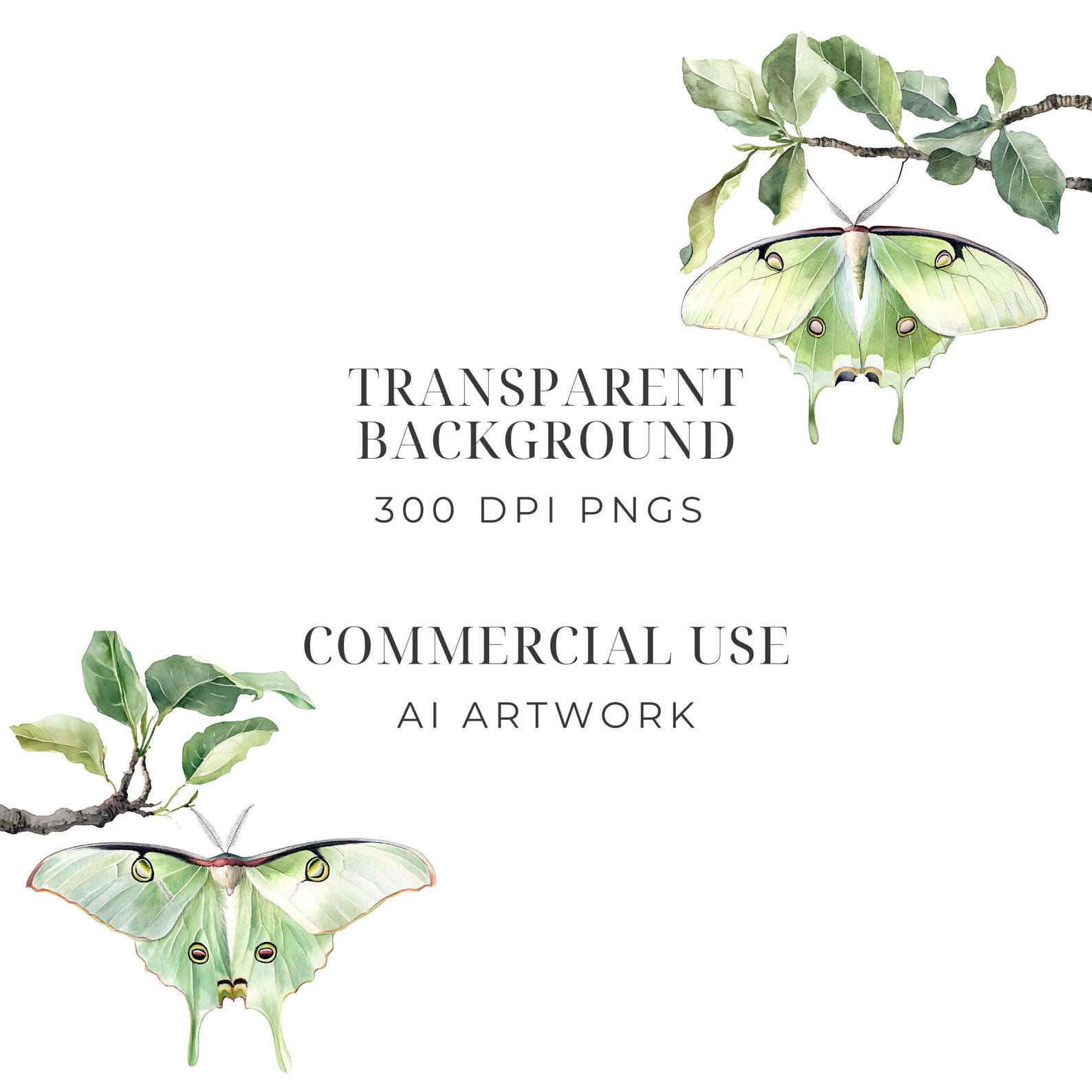 Luna Moth Watercolor Clipart, Moon and Forest Scenes Digital ...