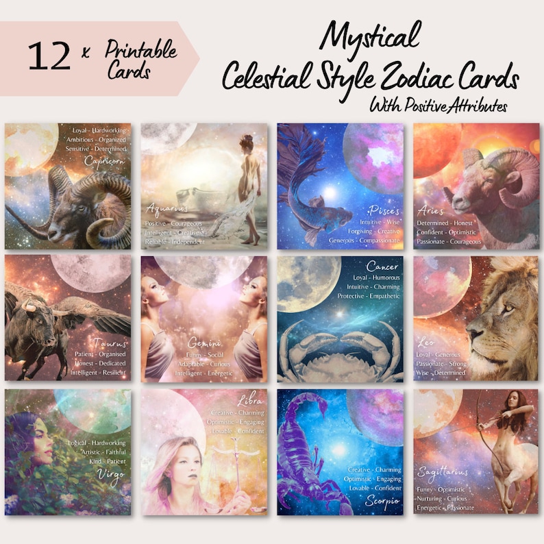 Set of 12 Printable Zodiac Cards, Astrology Packaging Inserts, Star ...