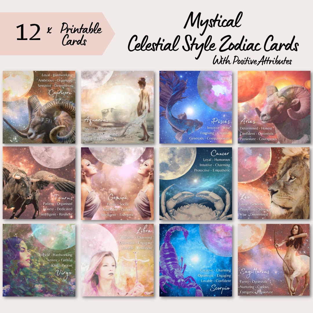 Set of 12 Printable Zodiac Cards, Astrology Packaging Inserts, Star ...
