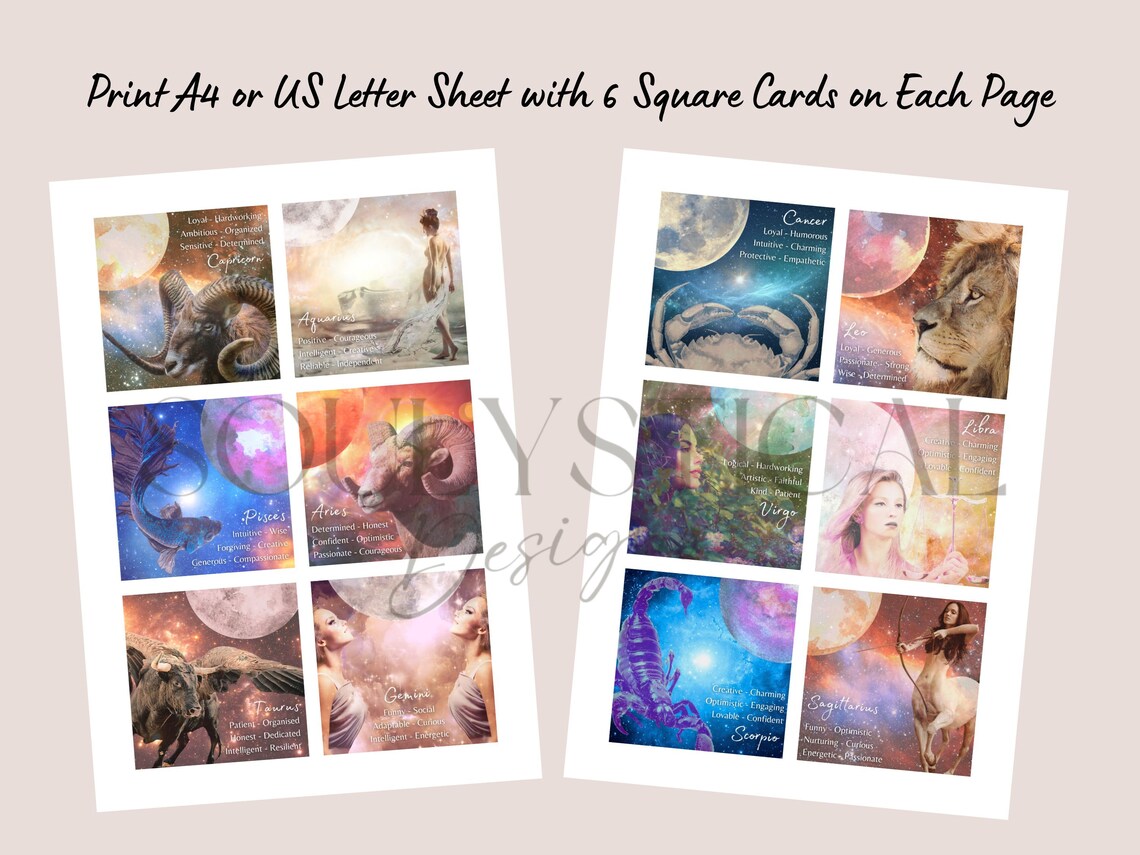 Set of 12 Printable Zodiac Cards, Astrology Packaging Inserts, Star ...