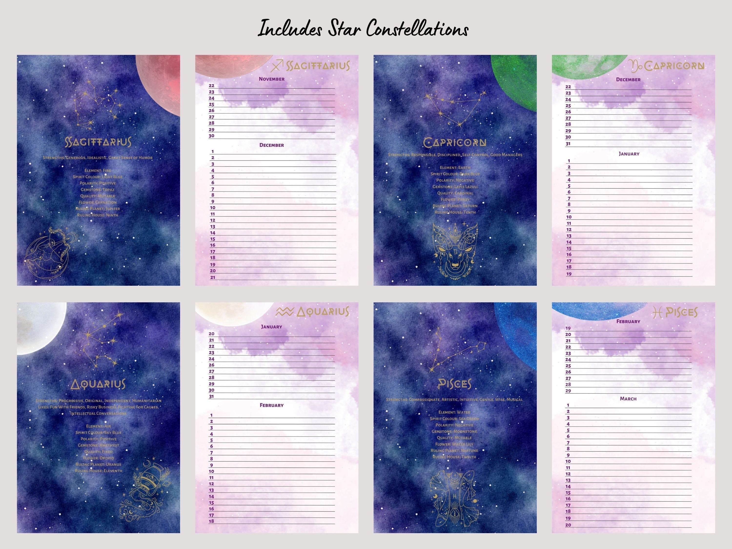 Zodiac Sign Printable Perpetual Birthday Calendar, Watercolour Moon ...