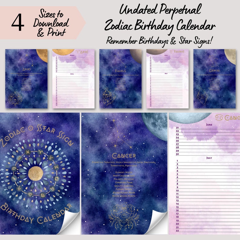 Zodiac Sign Printable Perpetual Birthday Calendar, Watercolour Moon ...