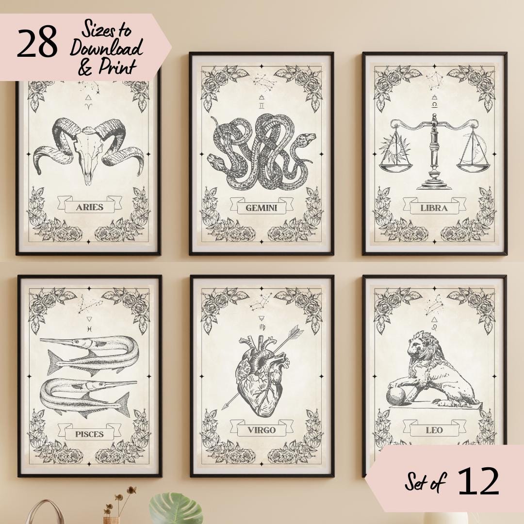 Printable Zodiac Wall Art Bundle, Beautiful Vintage Style Zodiac ...