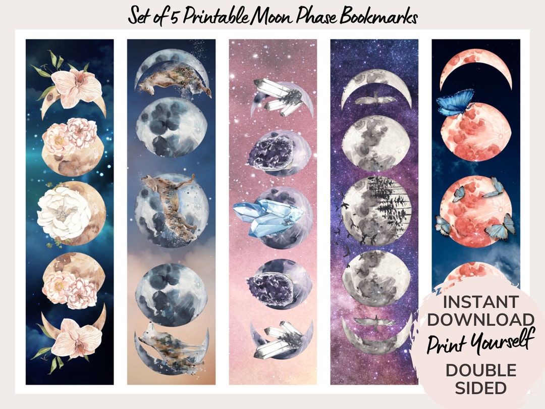 Moon Phase Printable Bookmarks Watercolour Style Double Sided - Etsy