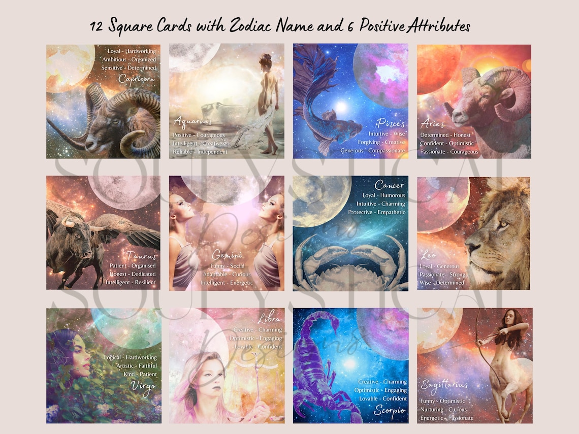 Set of 12 Printable Zodiac Cards, Astrology Packaging Inserts, Star ...