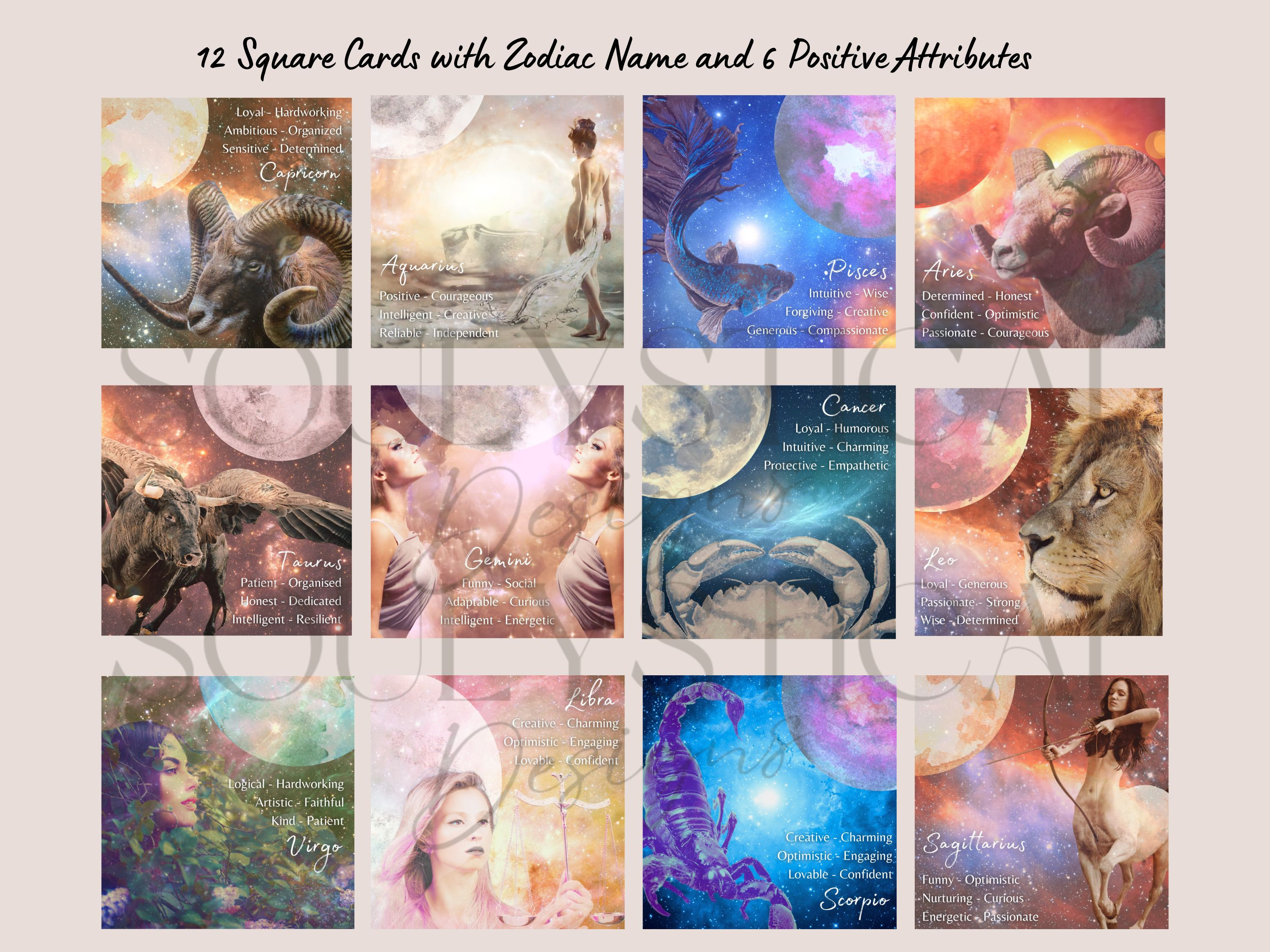 Set of 12 Printable Zodiac Cards, Astrology Packaging Inserts, Star ...