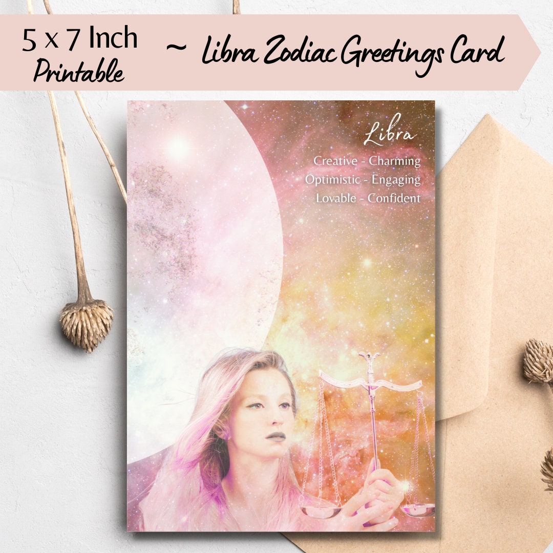 Libra Greetings Card Libra Zodiac Birthday Card Celestial Style Design ...