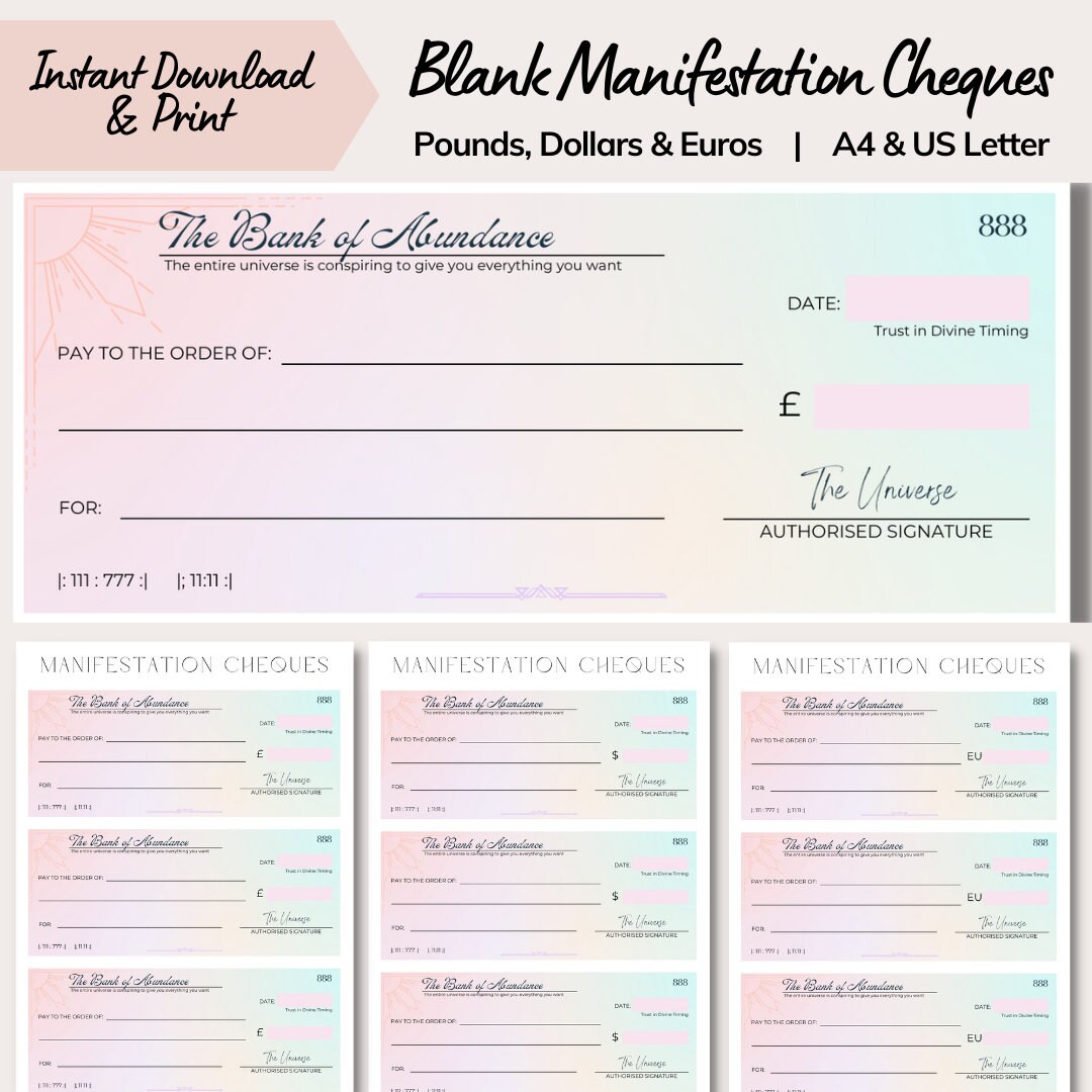 Printable Manifestation Cheques, Gradient Pastel Colour, Blank Cheques ...