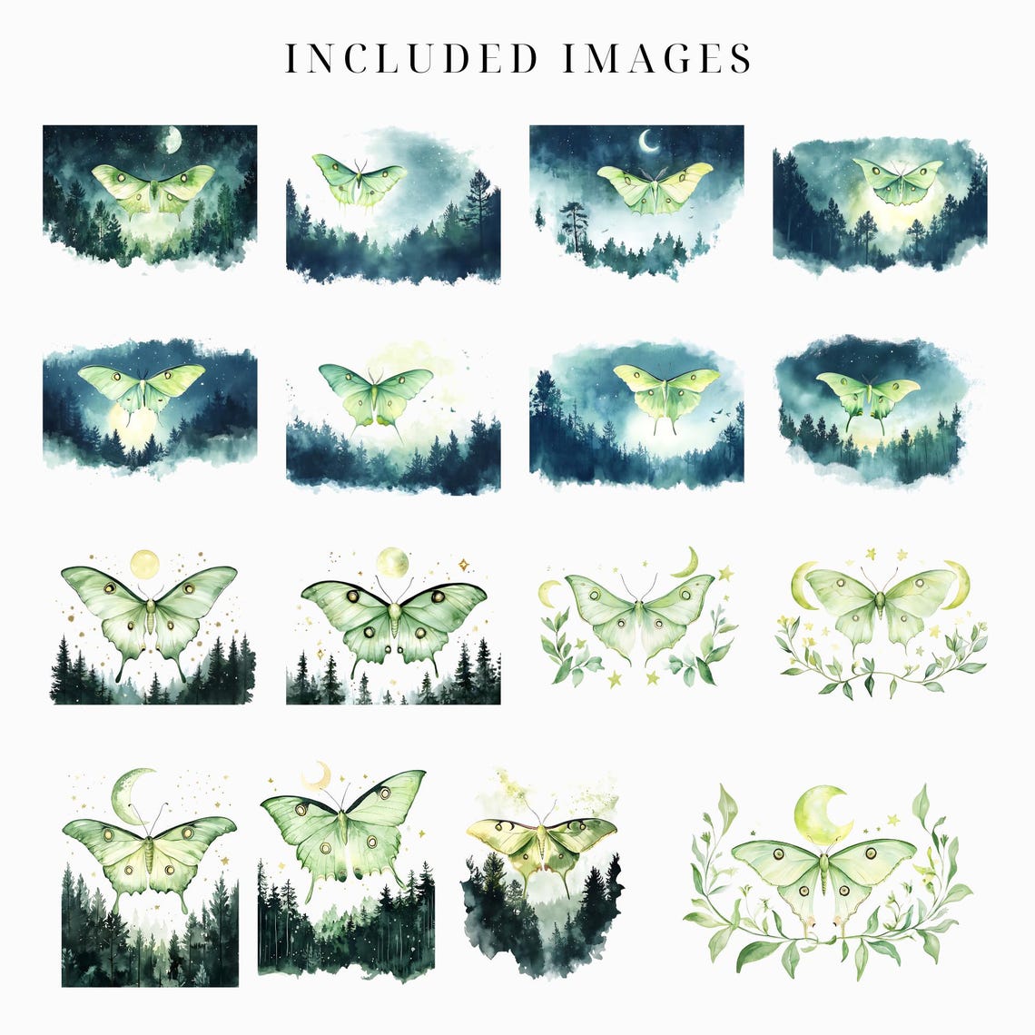 Luna Moth Watercolor Clipart, Moon and Forest Scenes Digital ...