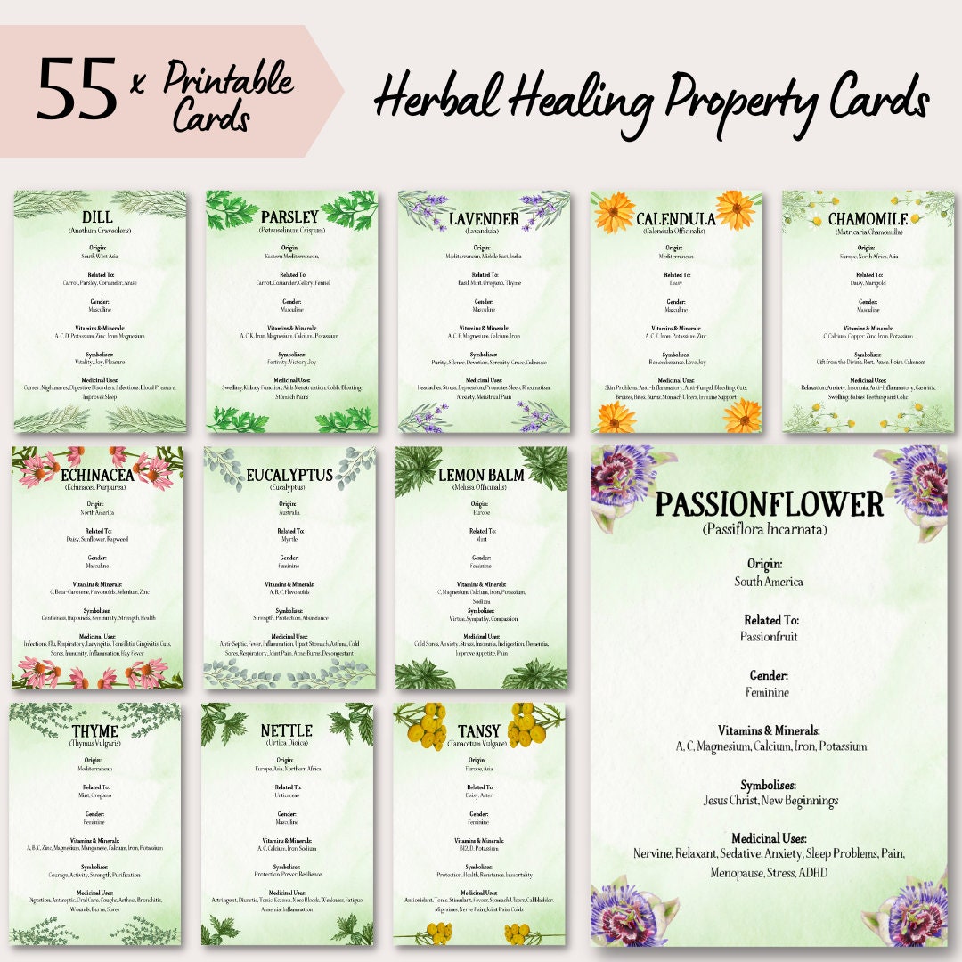 Printable Herbal Healing Cards, Watercolour Herbs, Medicinal Herbal ...