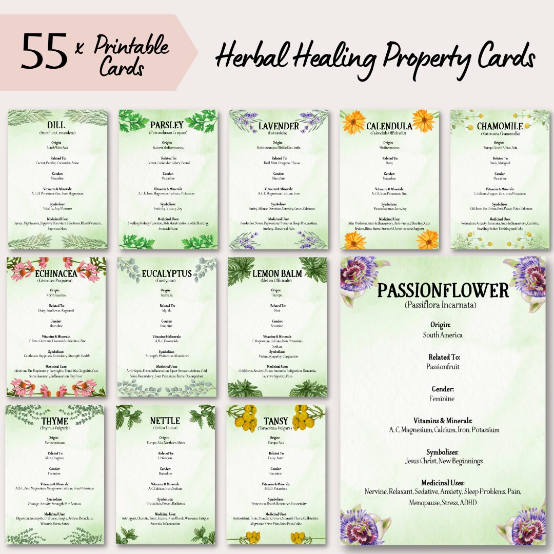 Printable Herbal Healing Cards, Watercolour Herbs, Medicinal Herbal ...