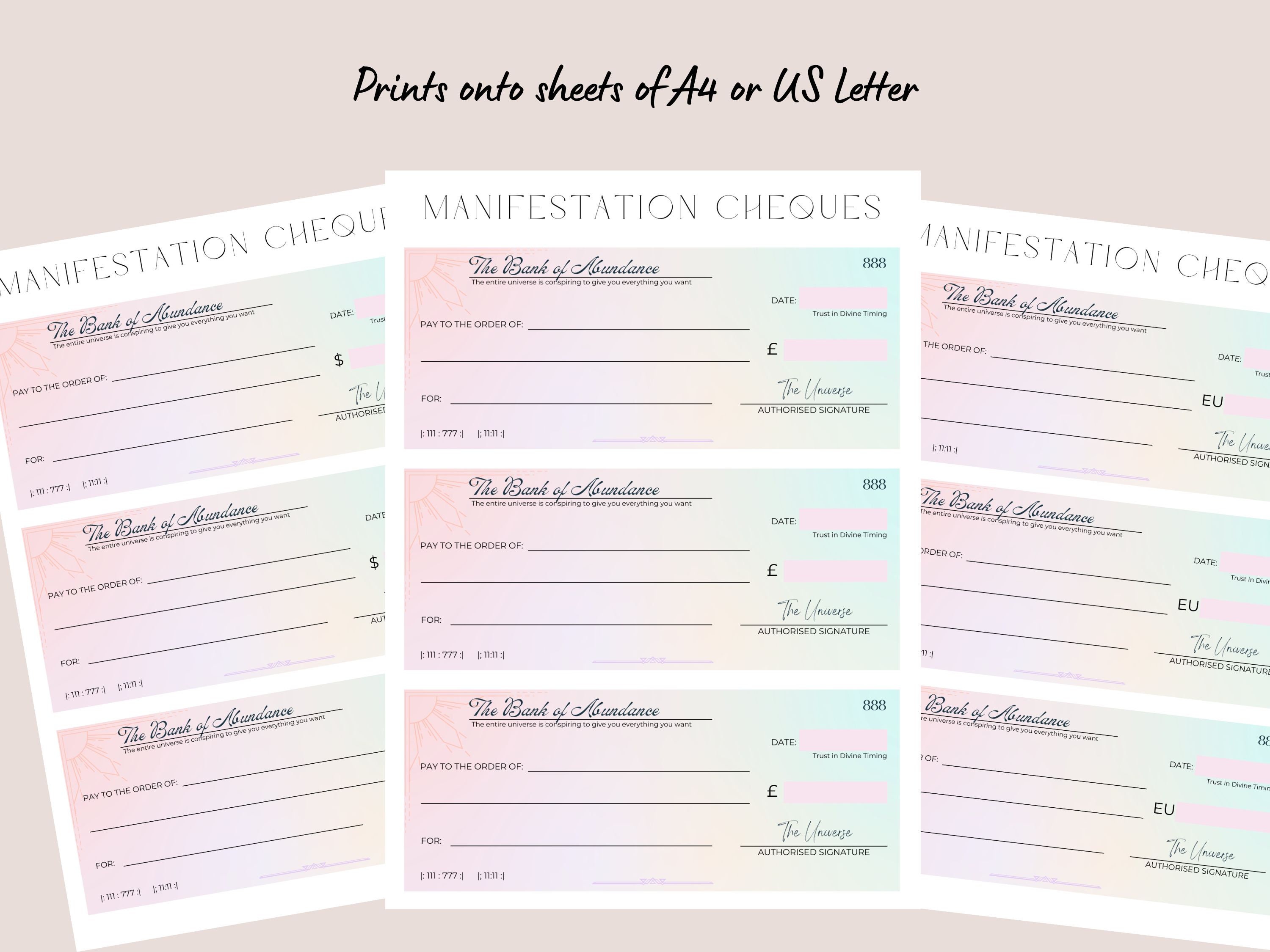 Printable Manifestation Cheques, Gradient Pastel Colour, Blank Cheques ...