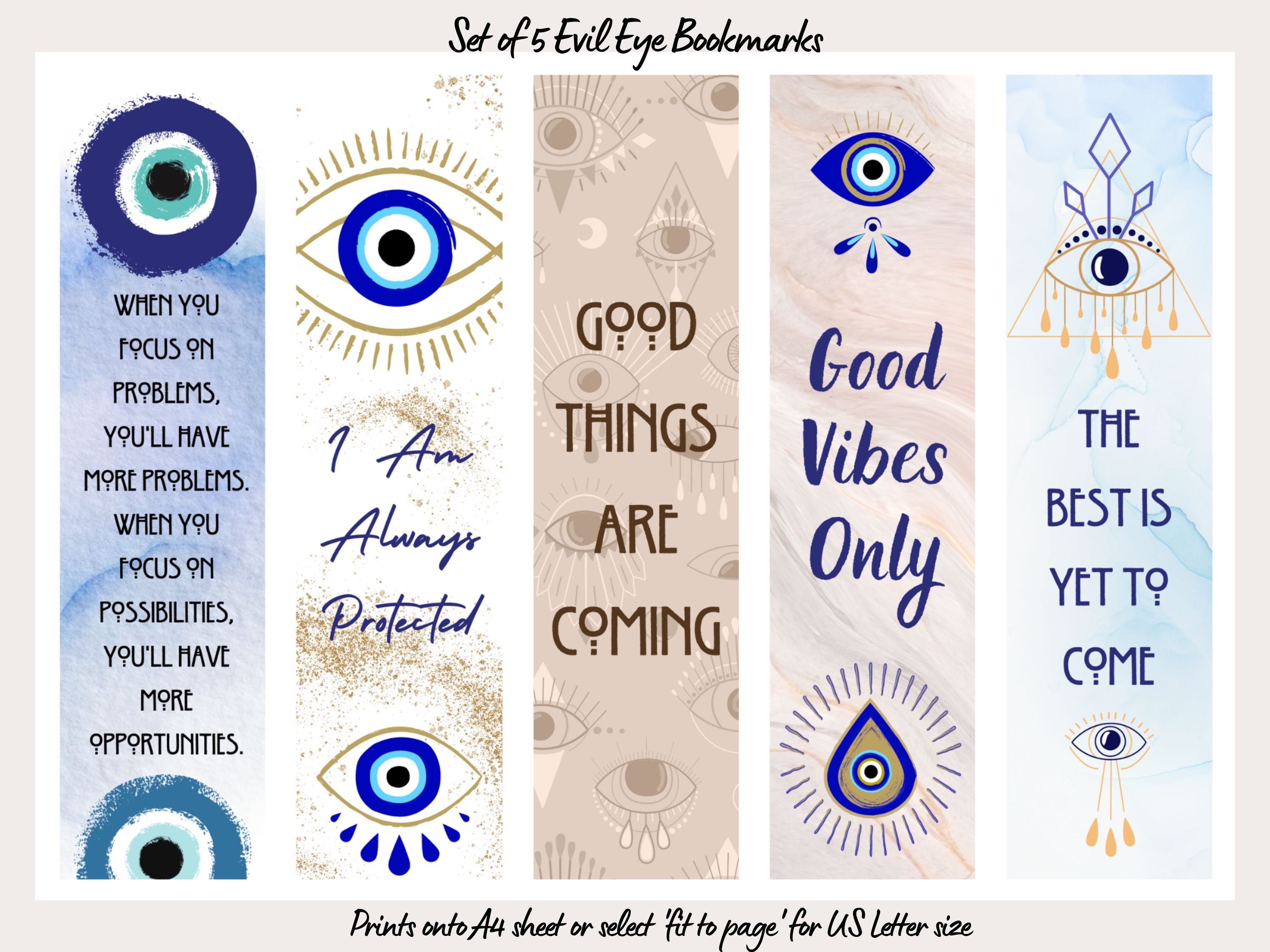 Evil Eye Printable Bookmarks, Watercolour Style Double Sided Bookmarks, Boho Style Evil Eye Good ...