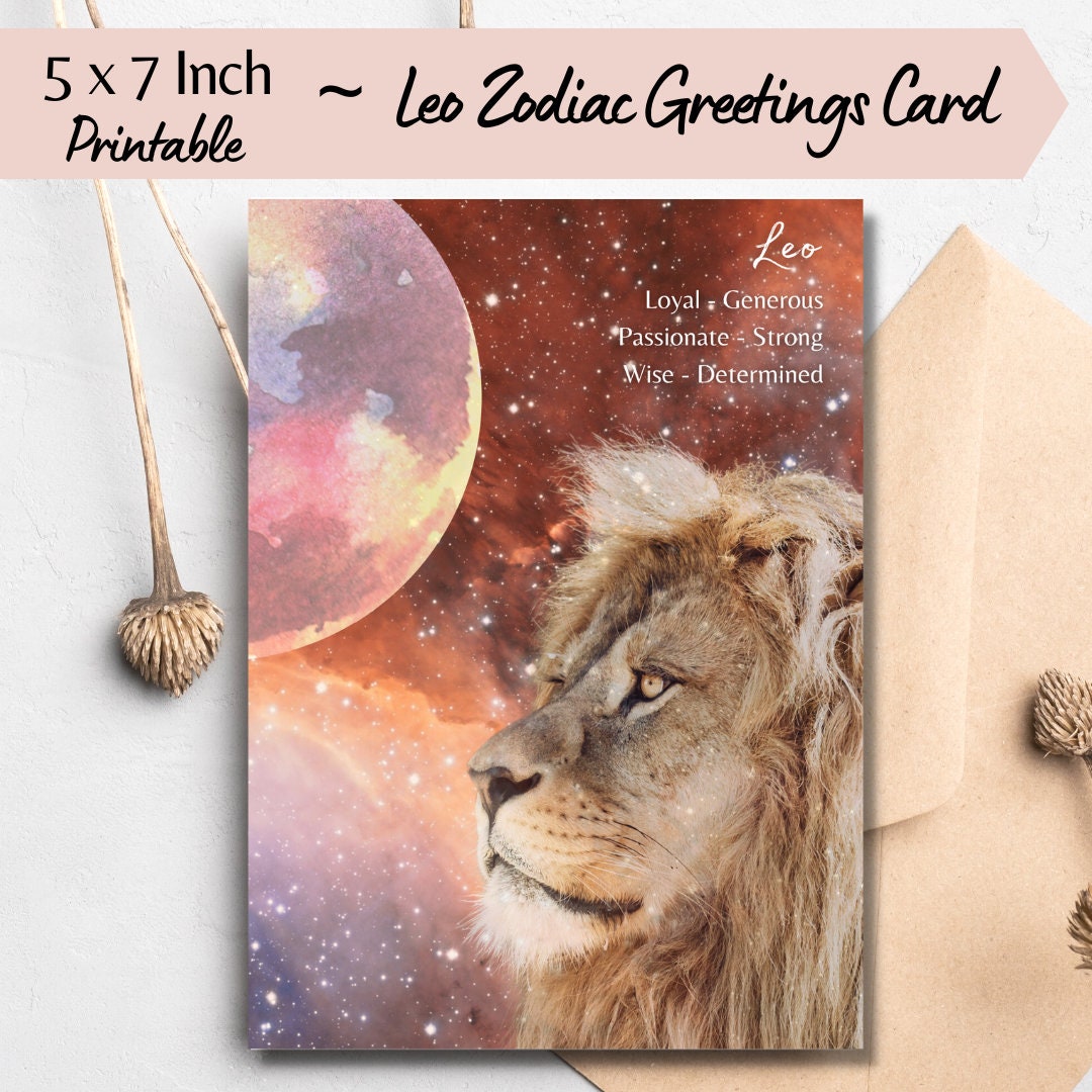 Leo Zodiac Greetings Card, Celestial Design Printable Download Birthday ...